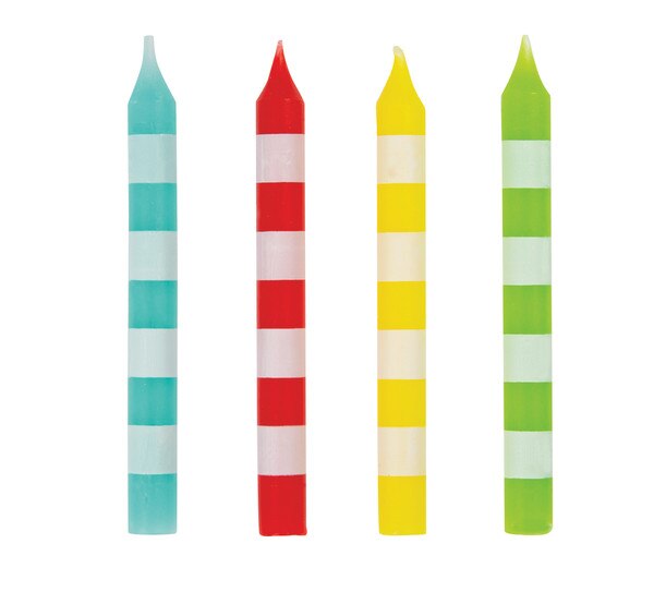 8 COLOUR STRIPED BD CANDLE ASST