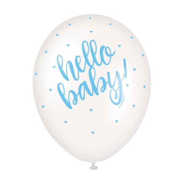 5 x HELLO BABY BLUE 30CM BLNS PEARL WTE